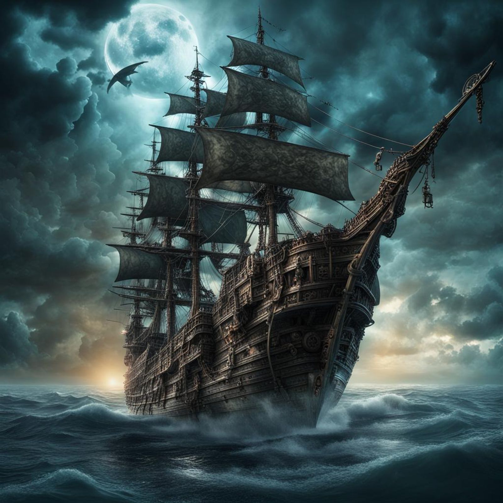 Paranormal Ship of pirates lost deep in the depths or space. flying ...
