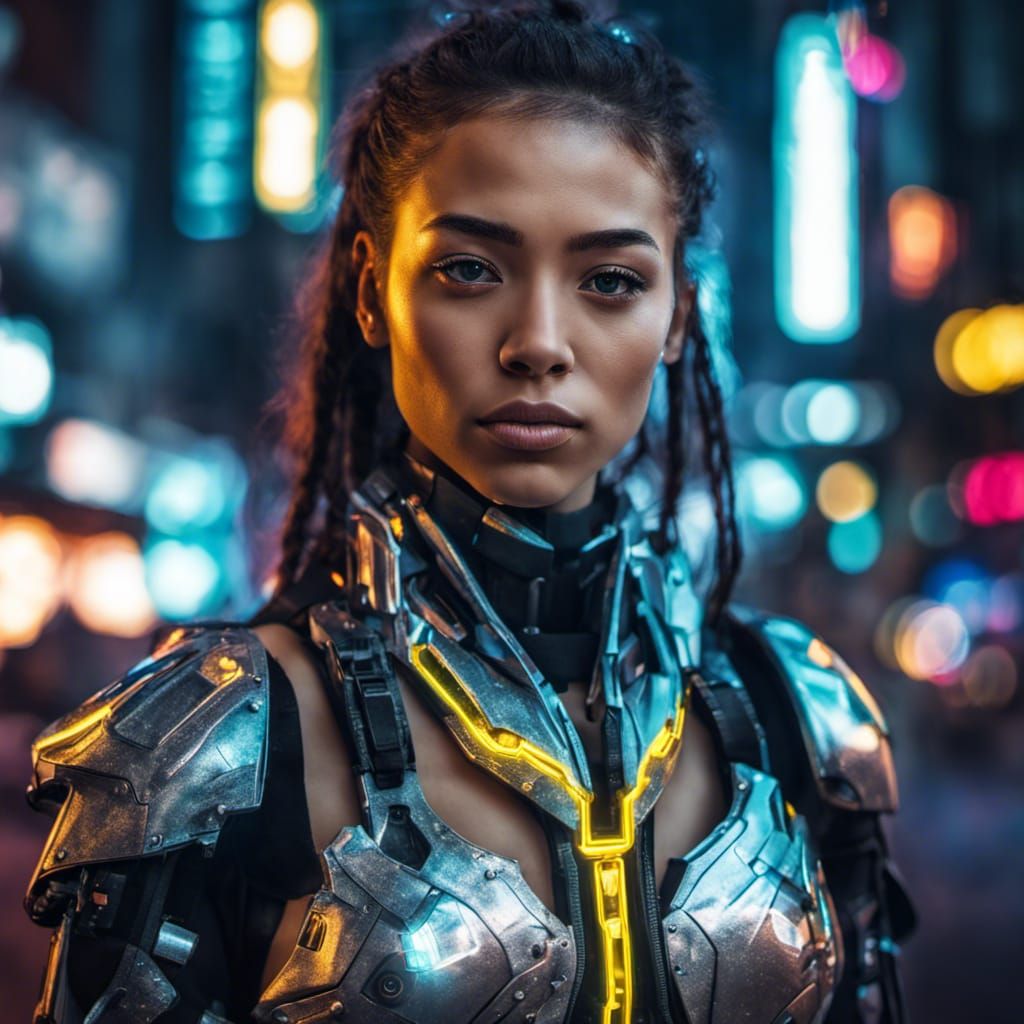 Portrait of a cyborg girl wearing futuristic face armor in a neon city ...