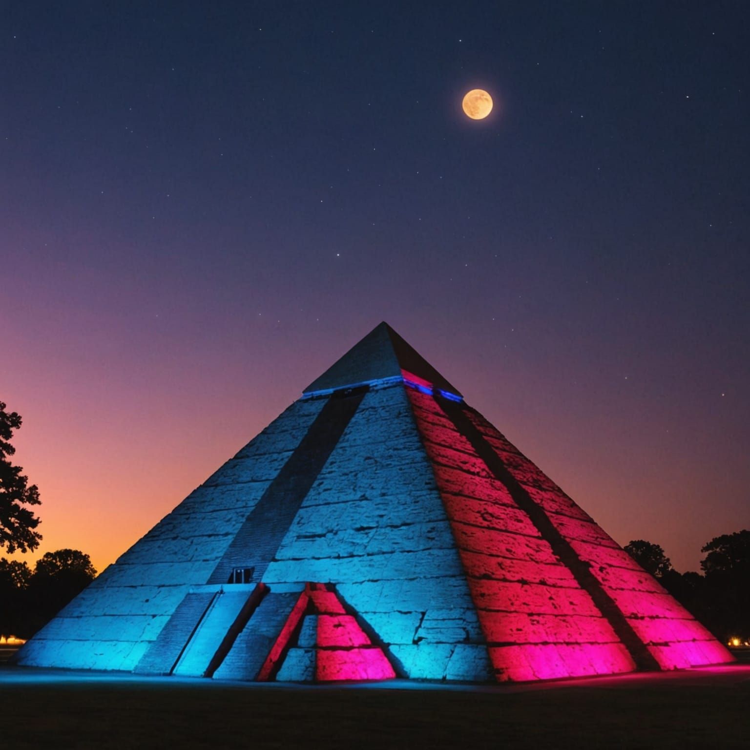 Pyramid in Memphis bright neon colors at night with a full moon