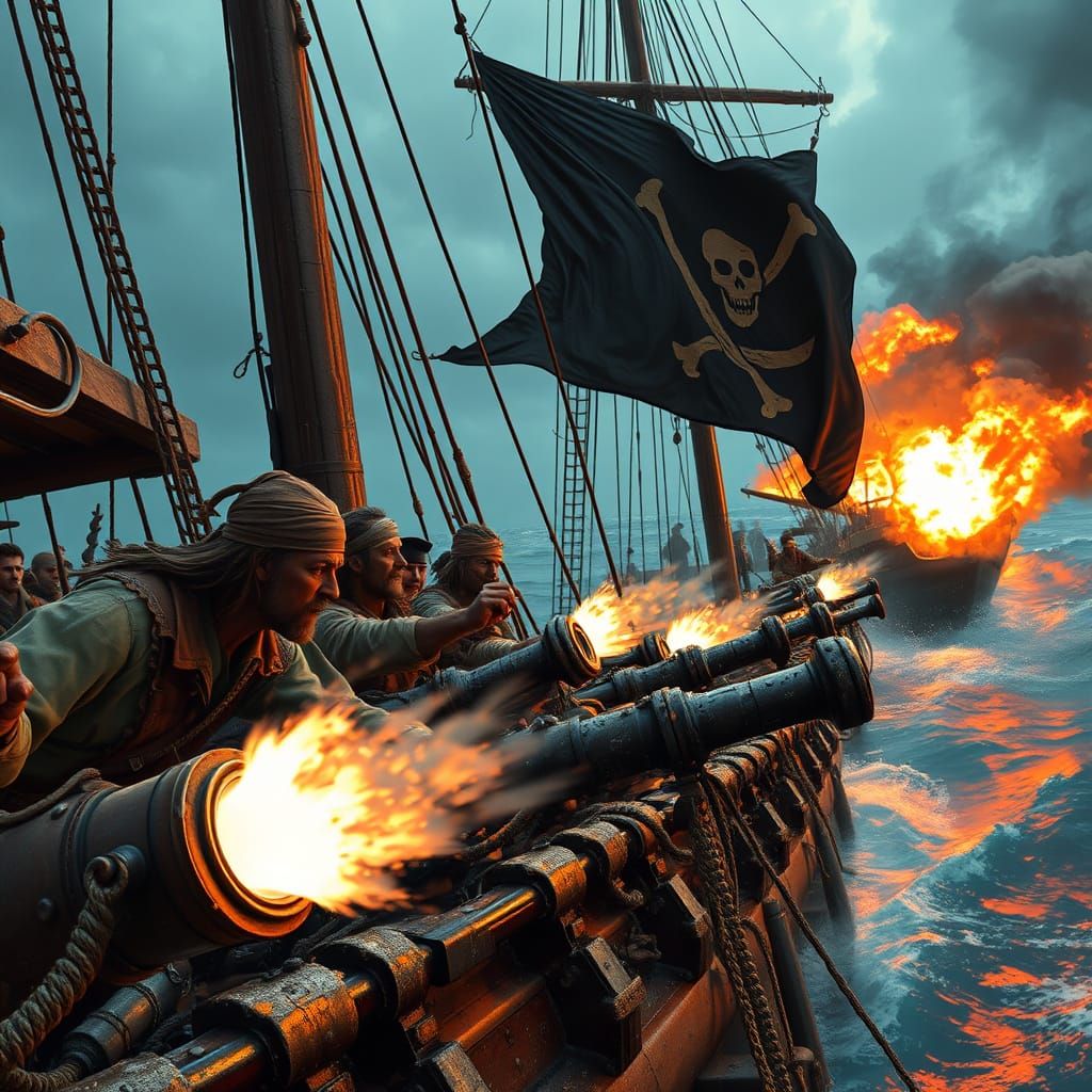 Pirate Ship Battle in Dramatic Digital Art Style - AI Art