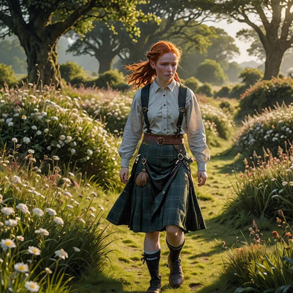 Realistic Young red haired Irish girl in pigtail braids, wearing a ...