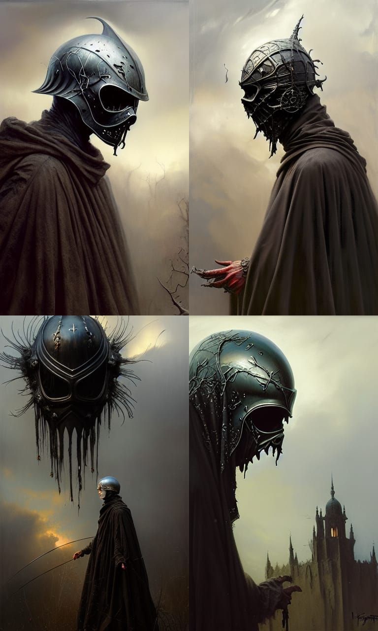 Sinister gothic helmet, odd wraith, billowing cloak, casting electic ...