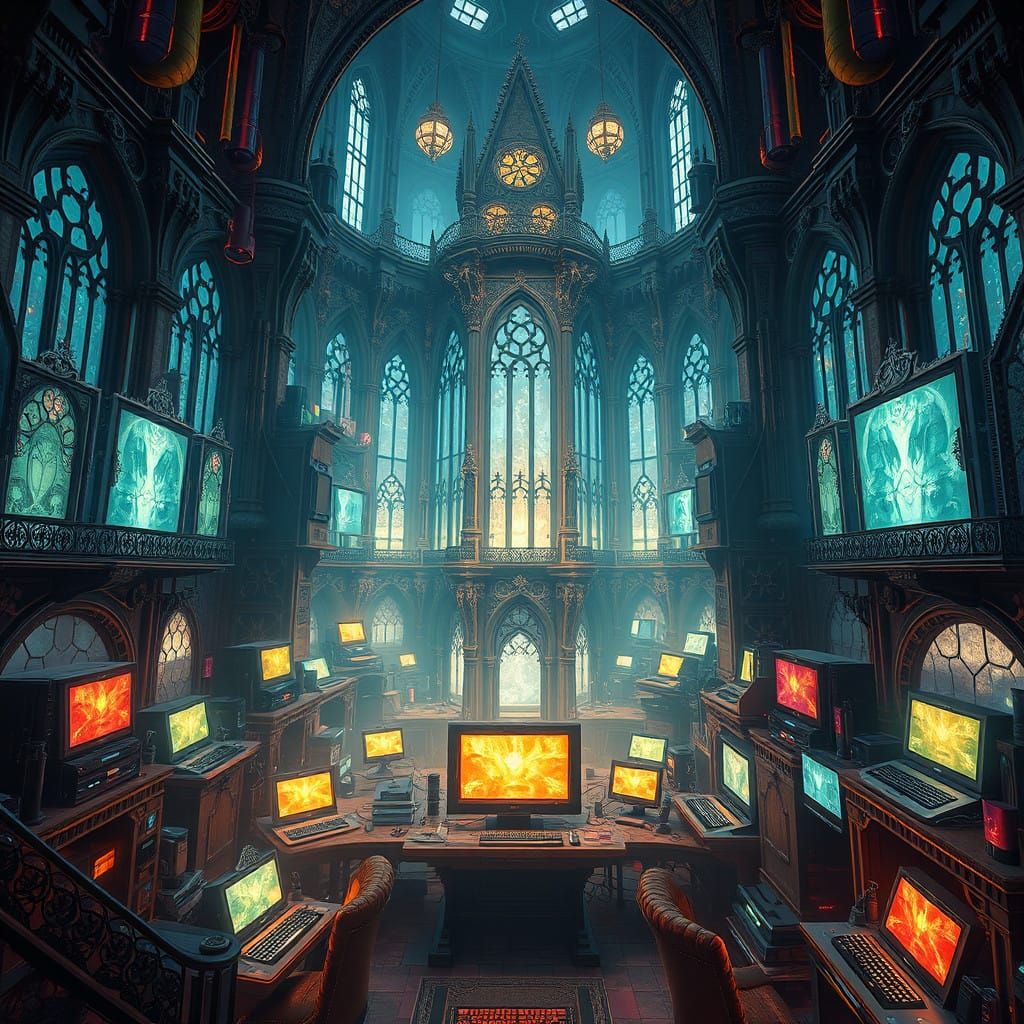 A building full of VDU computers - Cyberpunk Cathedral of VD...