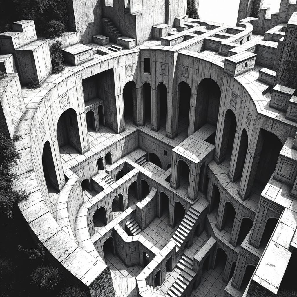 Impossible Geometry Labyrinth in MC Escher Style - AI Art