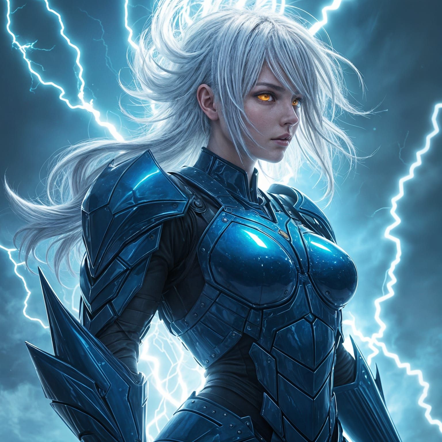 A warrior clad in blue and black battle armor stands amidst a raging ...