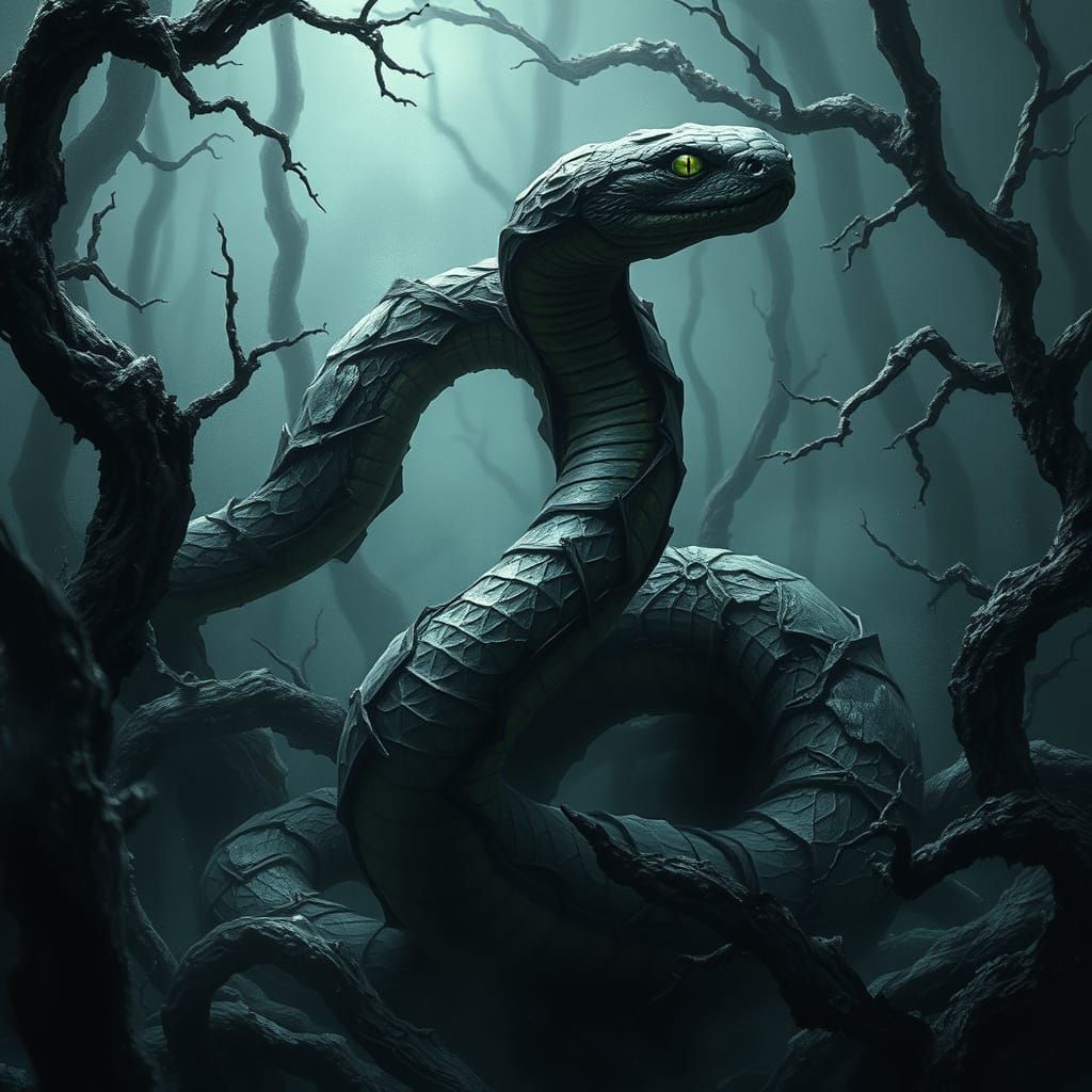 Low Poly Snake Emerges from Dark Forest in Zombiec... - AI Art