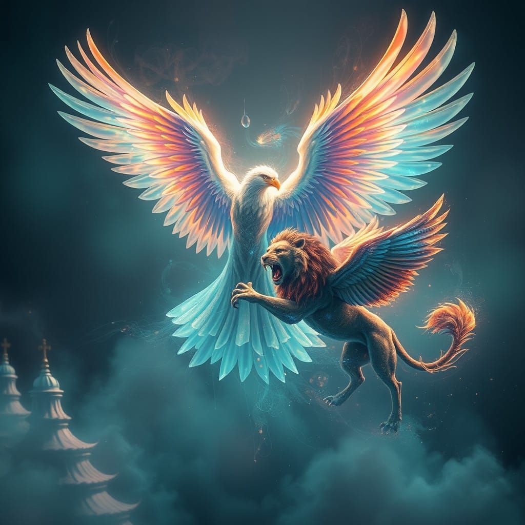 Ethereal Eagle Spirit Battles Winged Lion in Dream... - AI Art