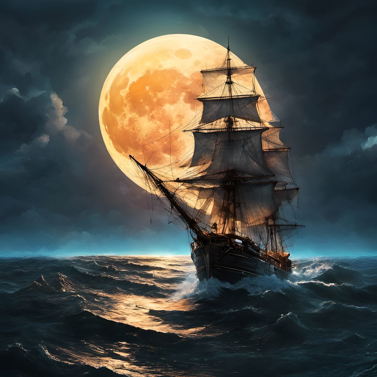 A large full lit moon. Lighting up the sky. Ships on the sea. Storm ...