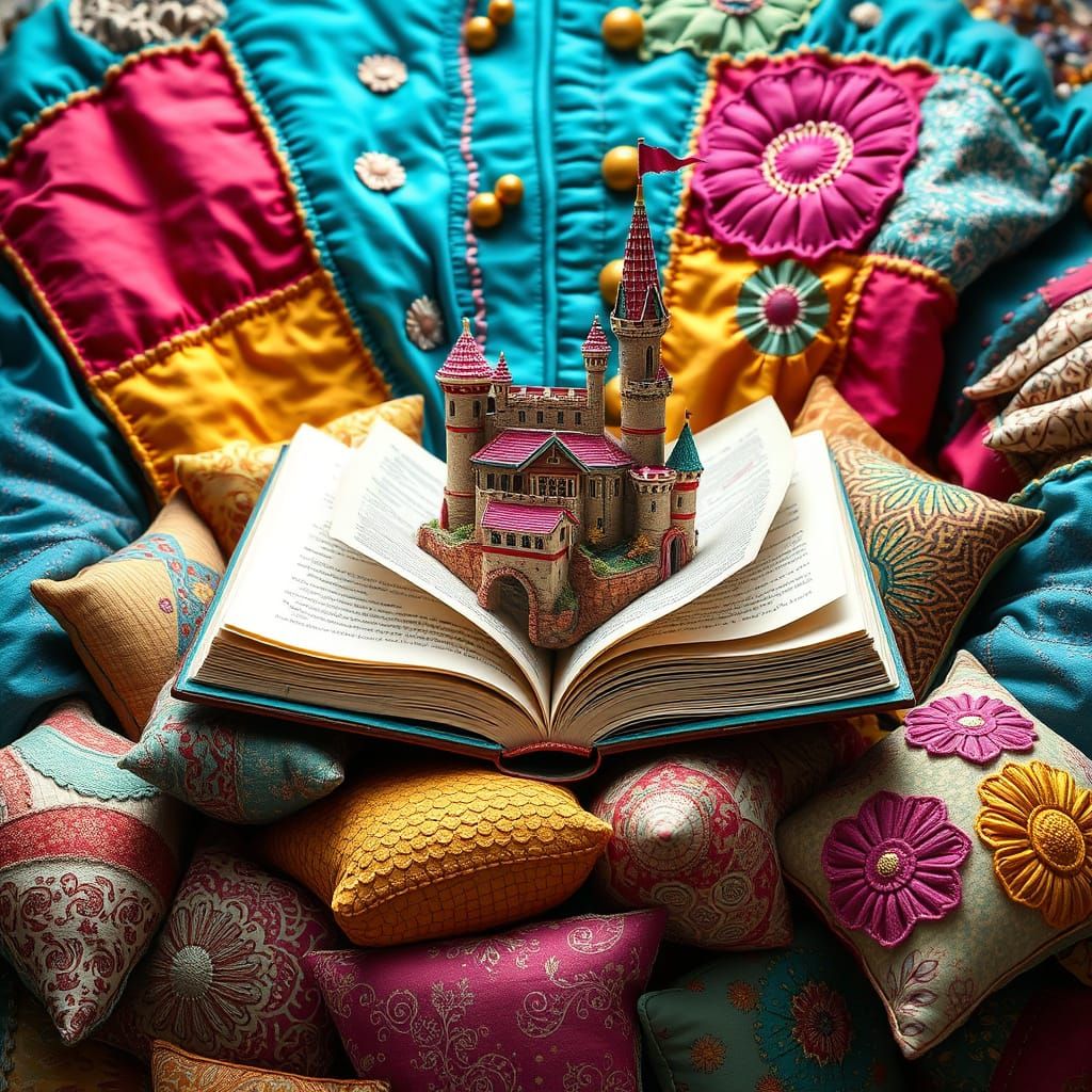 Vibrant Patchwork Castle Rises from Fabric Book - AI Art