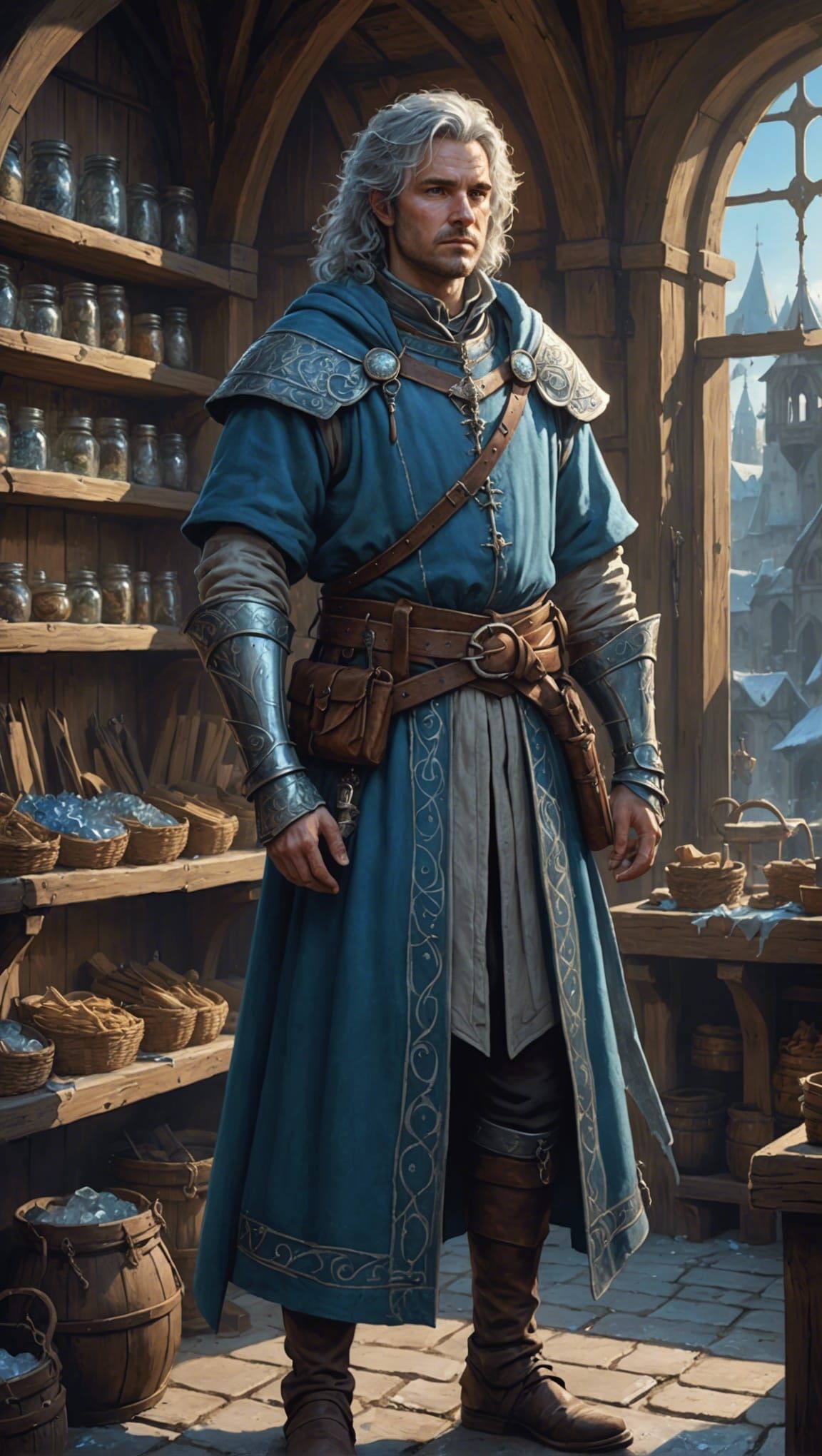 epic medieval fantasy, a shopkeeper in a medieval shop wearing a ...