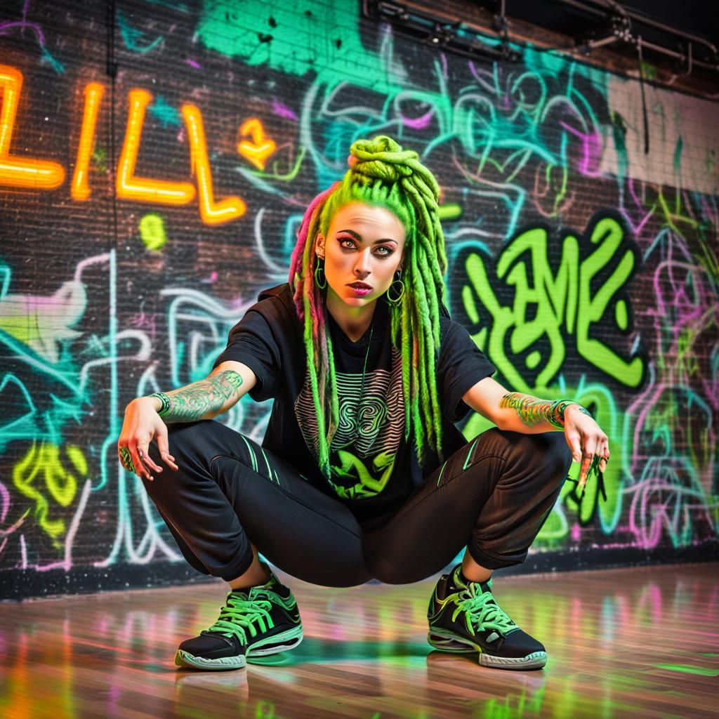 A cute girl with neon green dreads is dressed in a hipster style outfit ...