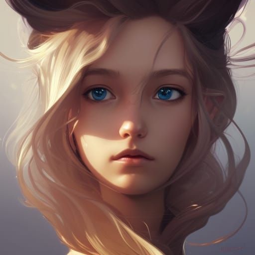 Disney illustrated, head and shoulders wavy white blond hair portrait ...