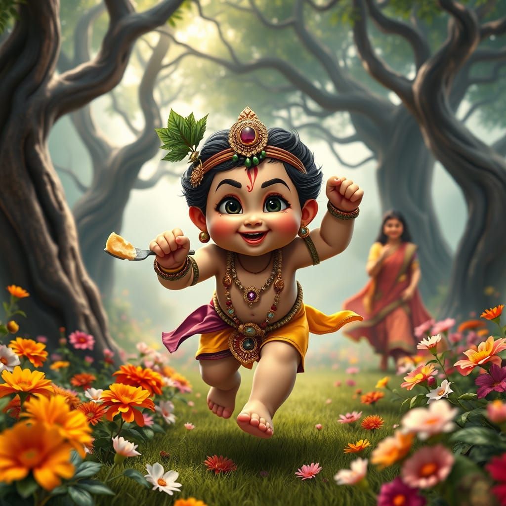 Chubby Lord Krishna in Vibrant Landscape - AI Art