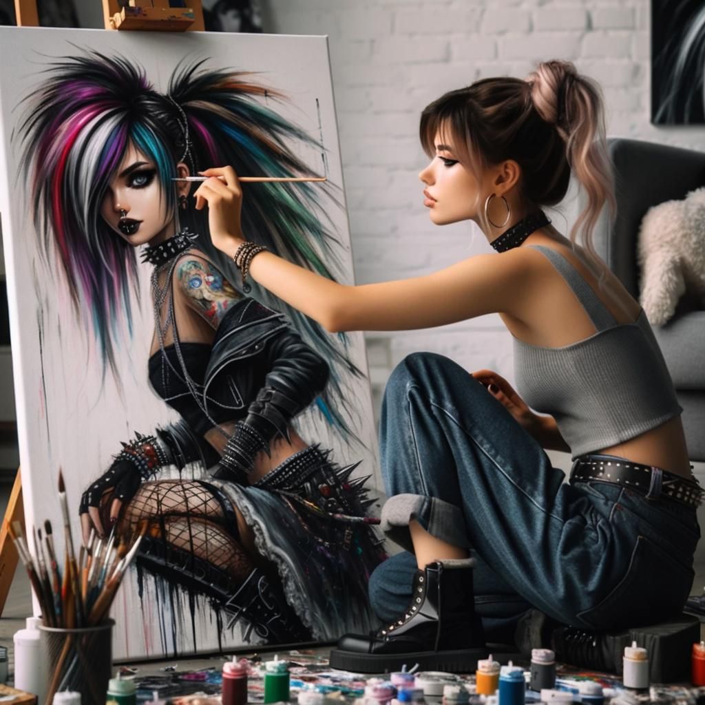 Creative Female Artist Paints Dynamic Emo Girl Por... - AI Art