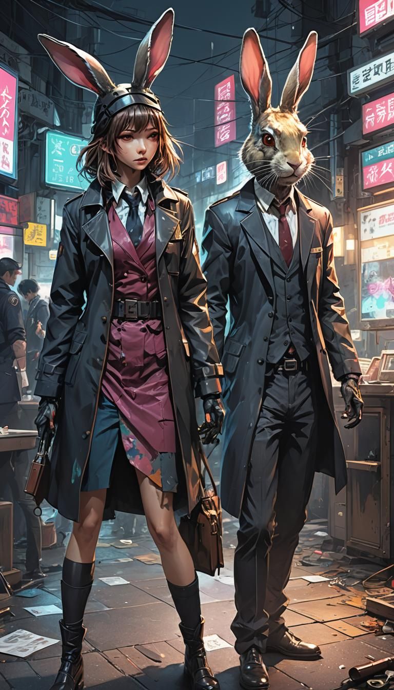 Cyber_rabbit girl detective apprehending male suspect noir style .by ...