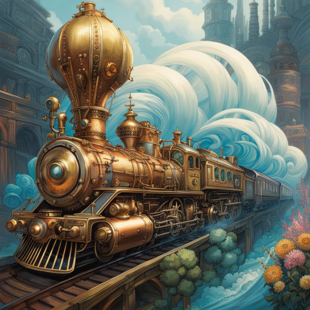 steampunk train with mechanisms vivd pure colors waves, spirals ...