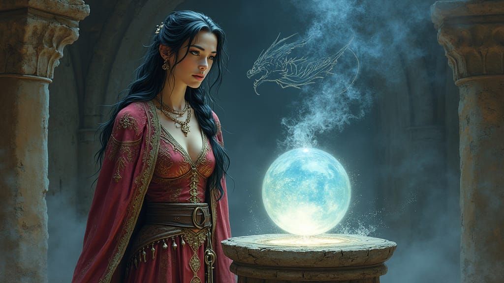 A female wizard, with black hair tied back in a braid and a short ...