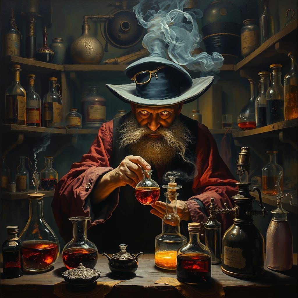 Alchemist in Dim Laboratory Mixing Elixir - AI Art