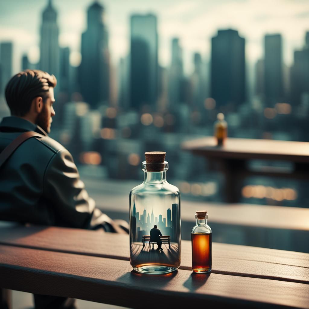 Epic Glass Bottle Scene: Miniature Man Seeks Solac... - AI Art