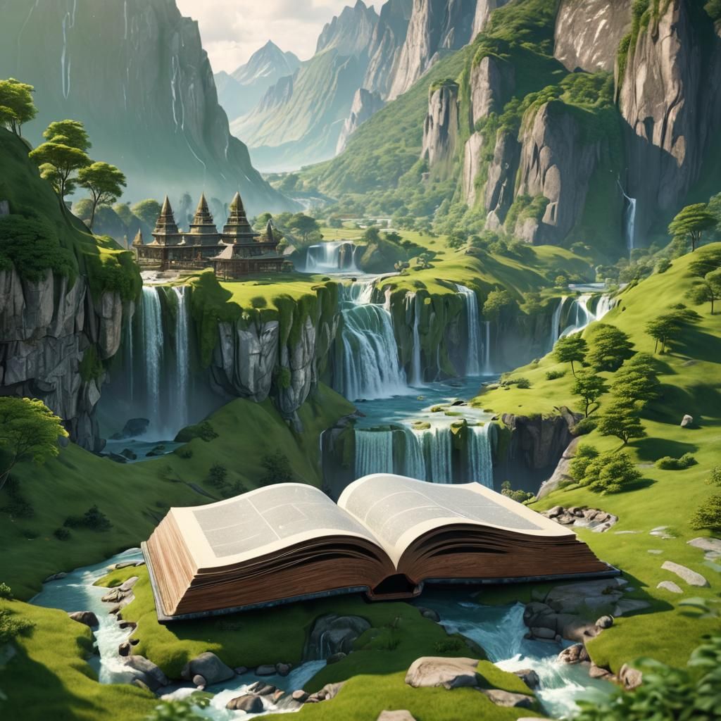 A giant open book on top of multiple green hills with waterfalls, 3 - AI Generated Artwork ...