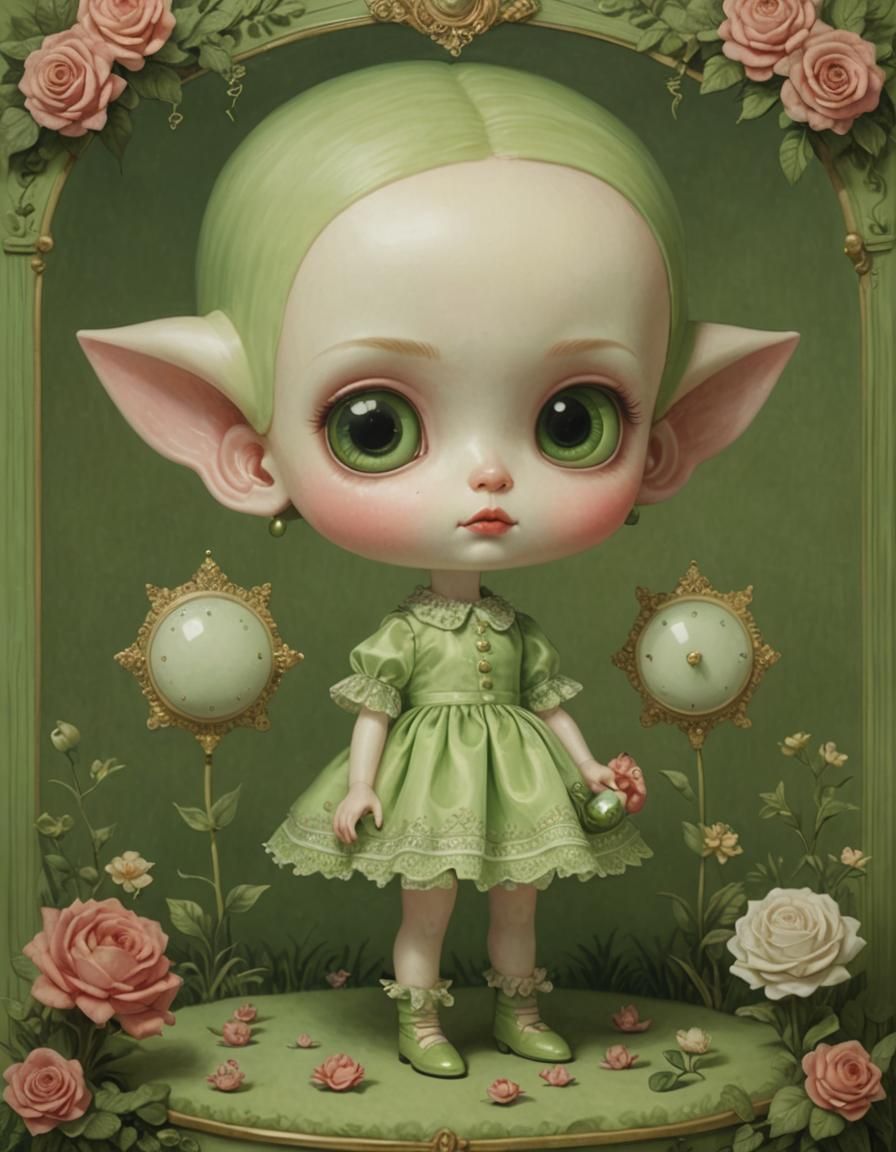 "Mark Ryden style cute doll with big green eyes and big ears. Bright ...