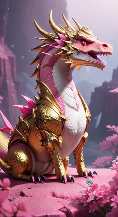 3D cute pink dragon with gold and white accents meticulous clean lines ...