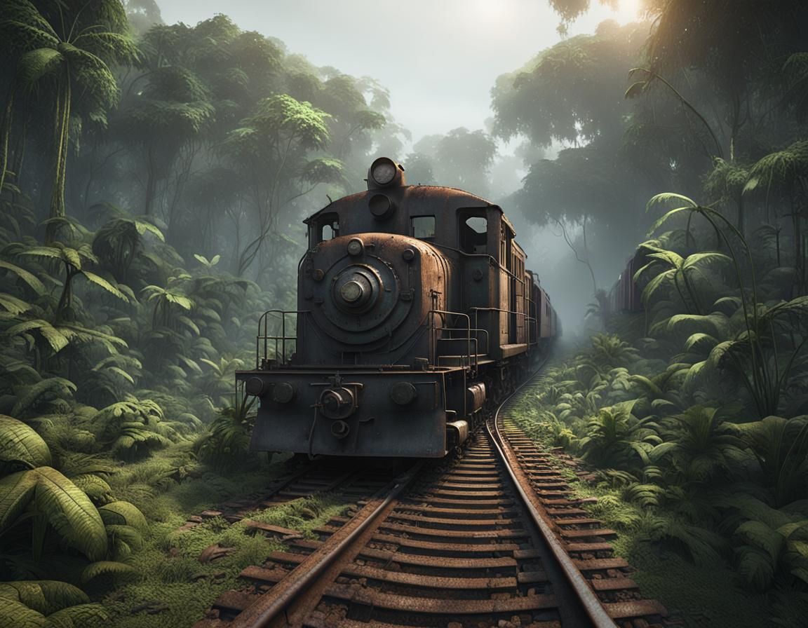 old rusty and completely overgrown railroad train stands without ...