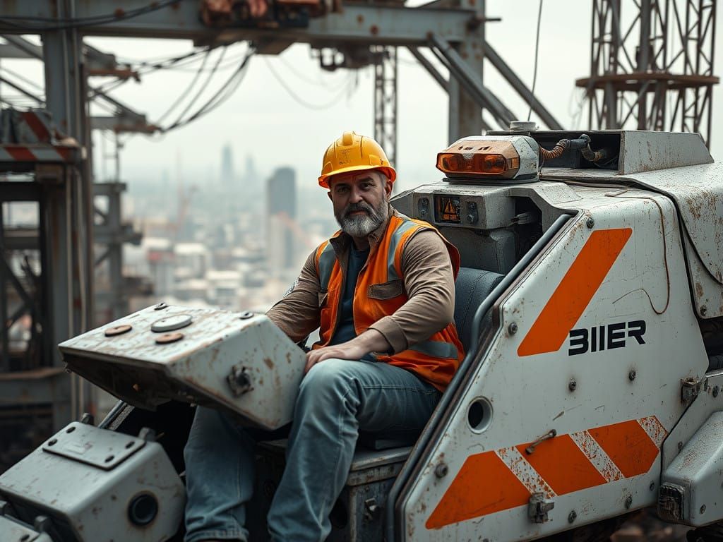 Rugged Construction Worker in Futuristic Mech Amid... - AI Art