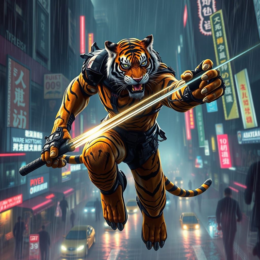 Cyberpunk Tiger Warrior in High-Flying Action - AI Art