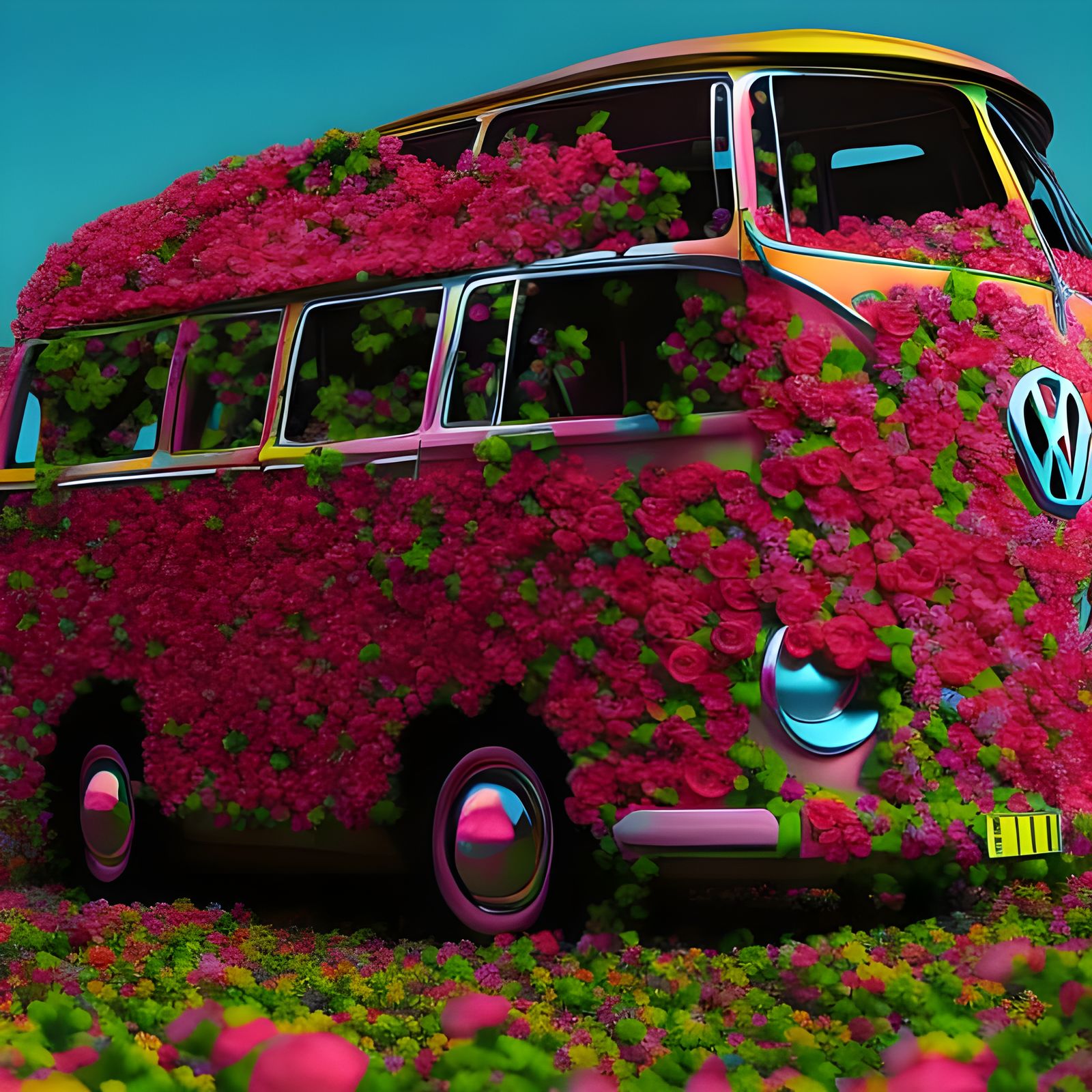 3D animation Volkswagen hippie microbus covered in multi-colored roses ...