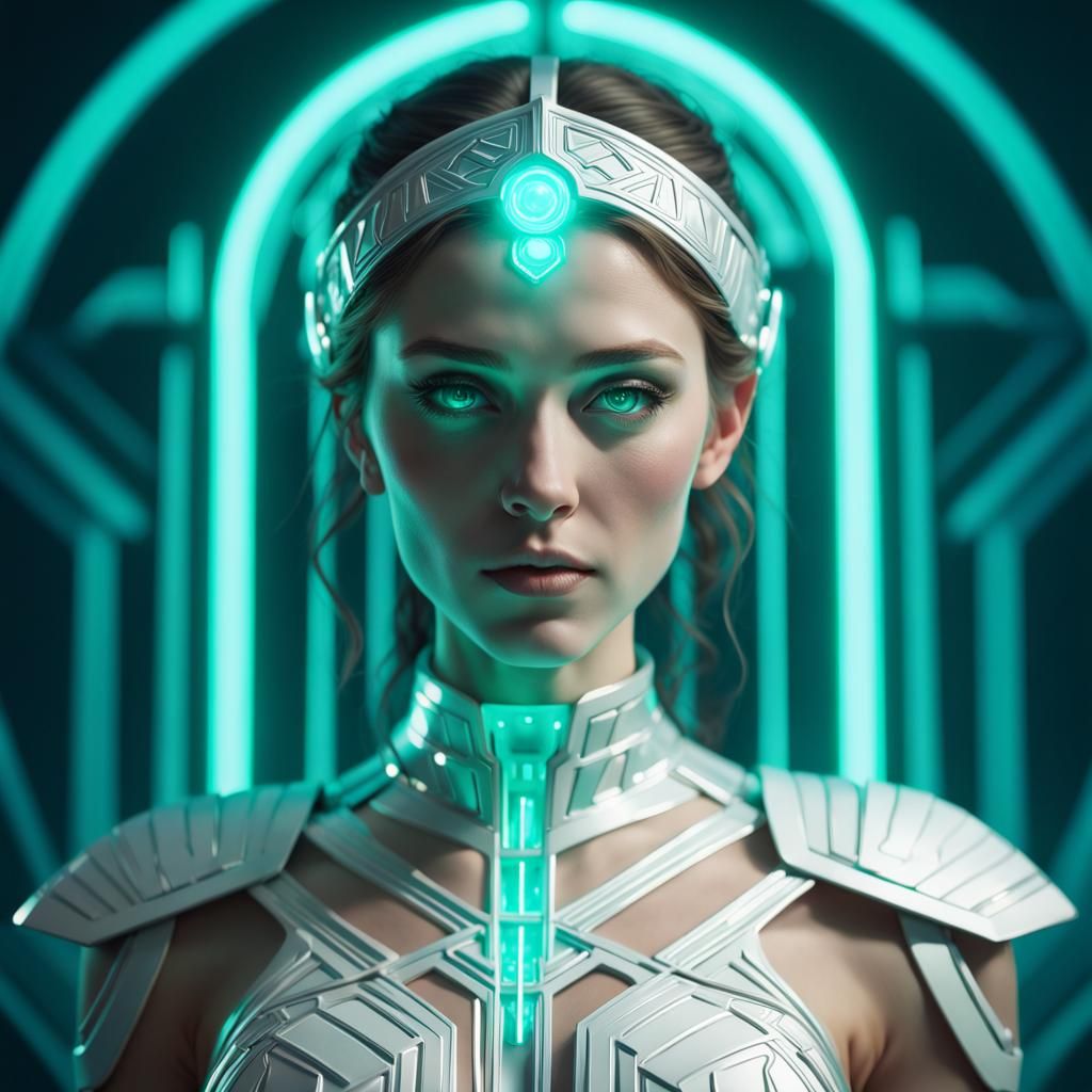 Realistic Photograph of a greek goddess girl, sci-fi, shot, centered, blue green color gel ...
