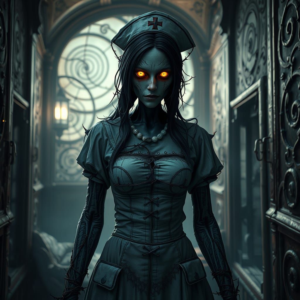 Gothic Undead Nurse in Ornate, Throned Abode - AI Art