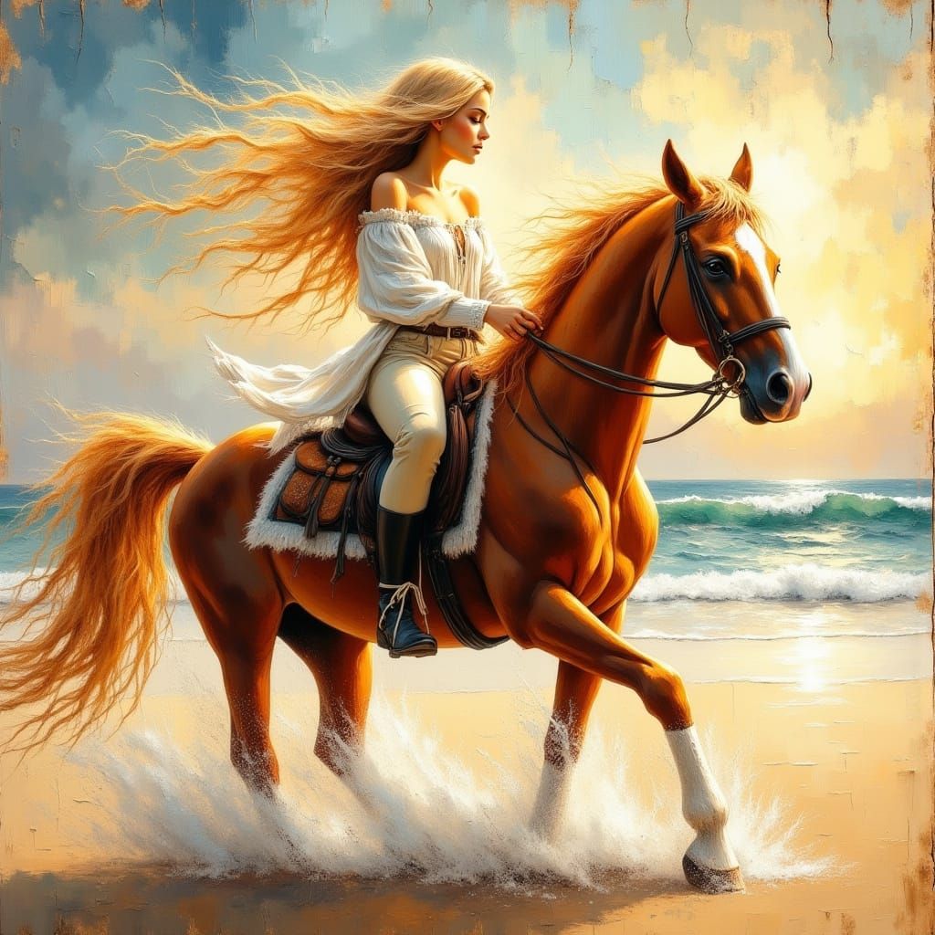 Ethereal Blonde Rider in Sunset Beach Scene - AI Art