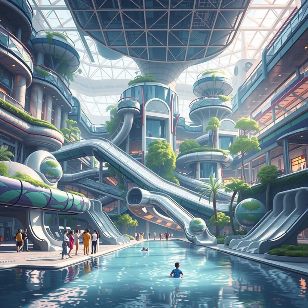 Futuristic Indoor Waterpark: Digital Matte Paintin... - AI Art