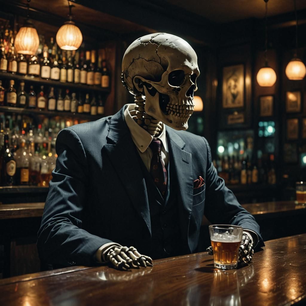 Skeleton wearing a suit, drinking in a dimly-lit bar Cinematic film ...