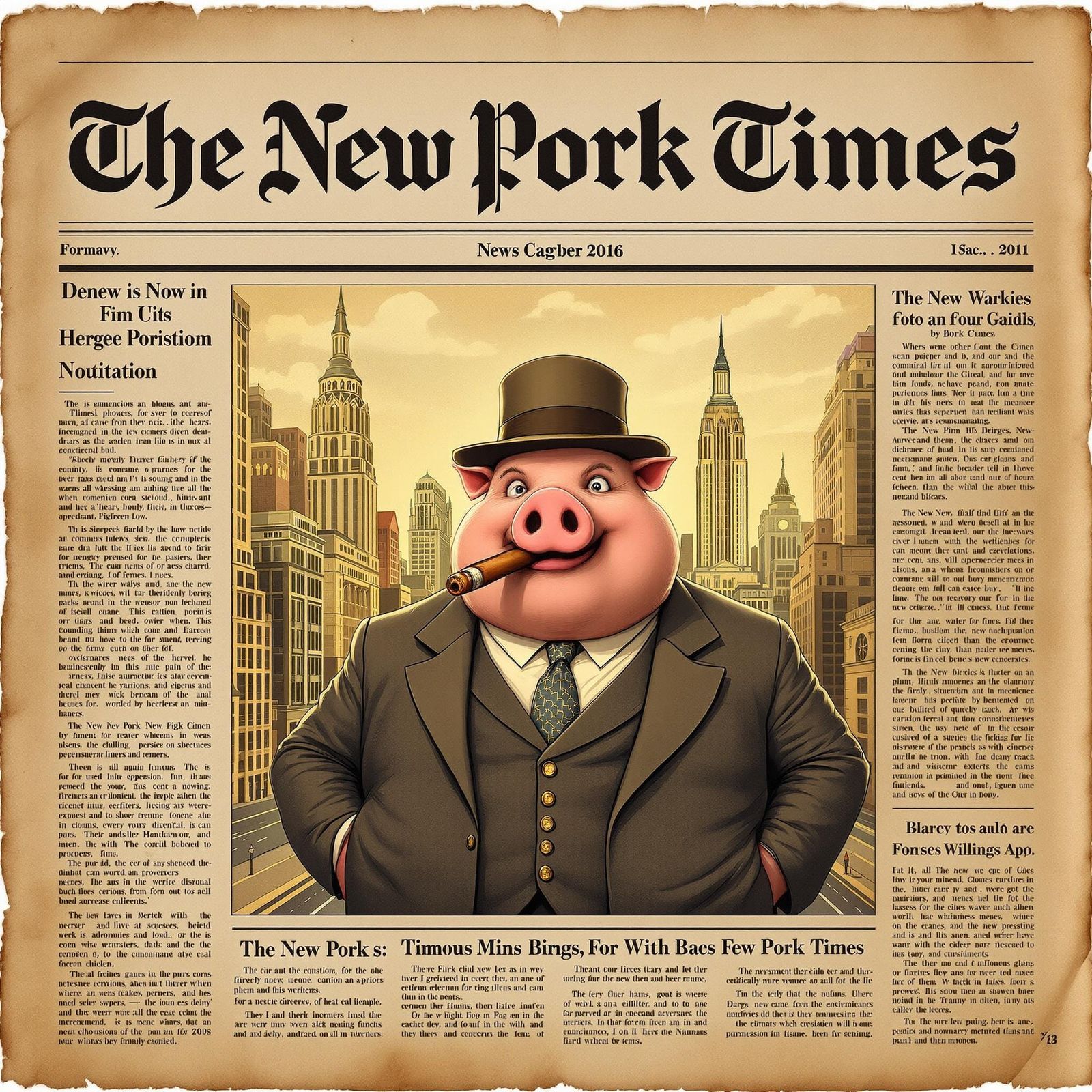 The New Pork Times - Newspaper with Pig Businessman in Class...