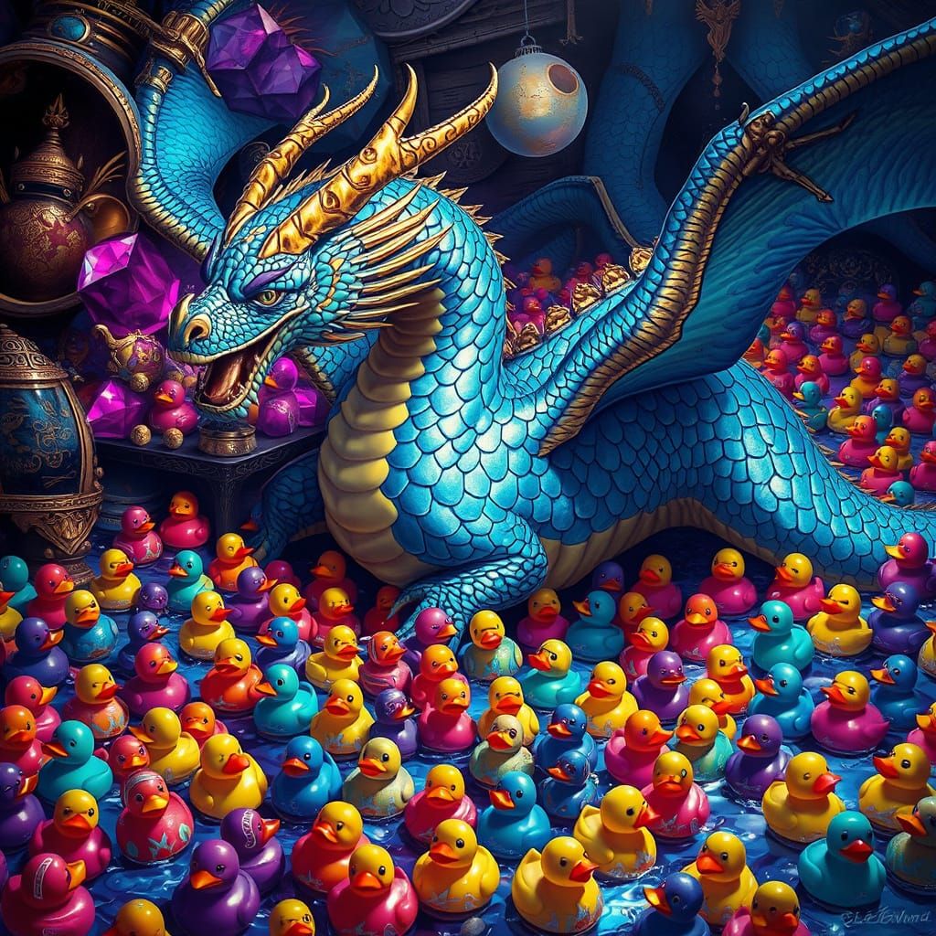 Fierce dragon in his hoard of rubber ducks