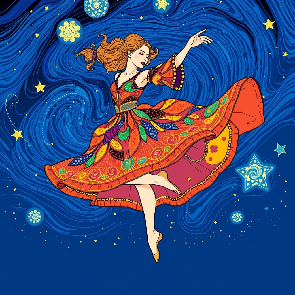 Starry Night Dancing Girl - Celestial Dancer in Vibrant Star...