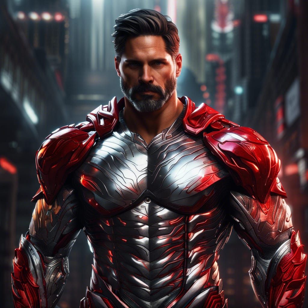 looks like Joe Manganiello, buff, superhero, silver armor, red glow ...