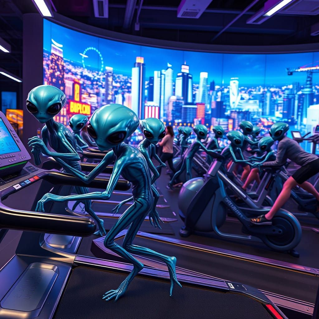 Aliens' Gym Frenzy: A Humorous Chaos of Treadmill ... - AI Art