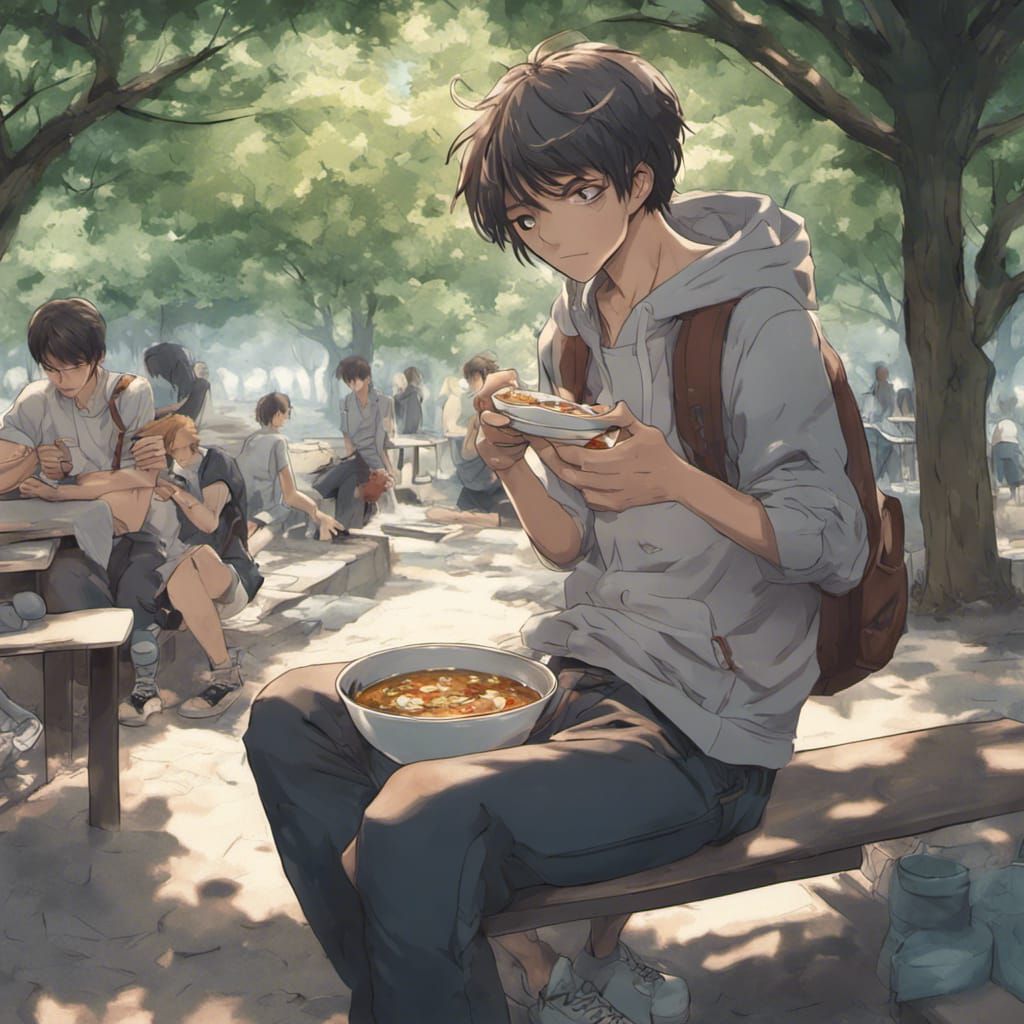 anime guy eating soup in a park during the day with a few people ...