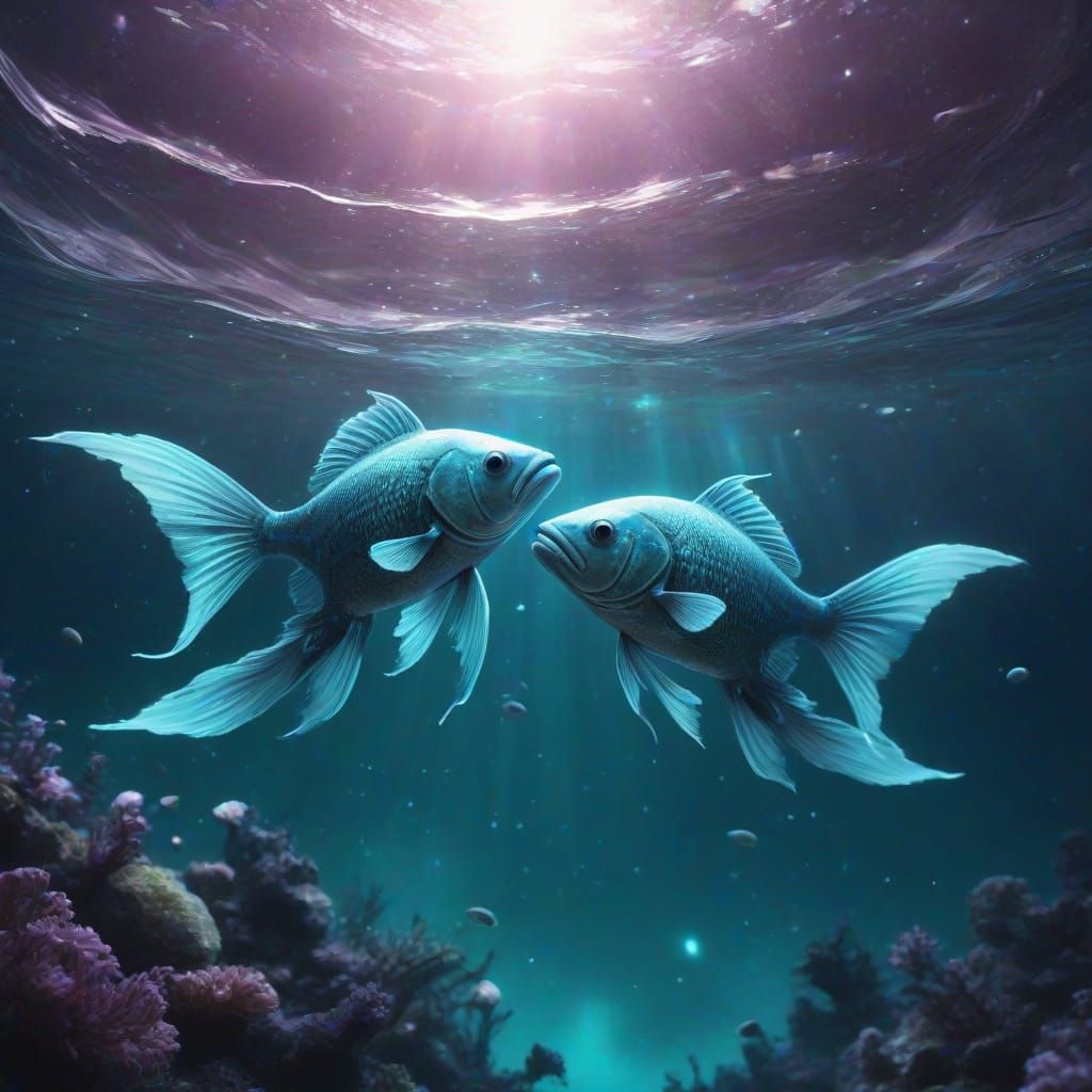 Two fish swimming in a cosmic or underwater scene, forming the Pisces symbol. A dreamy, ethereal ...