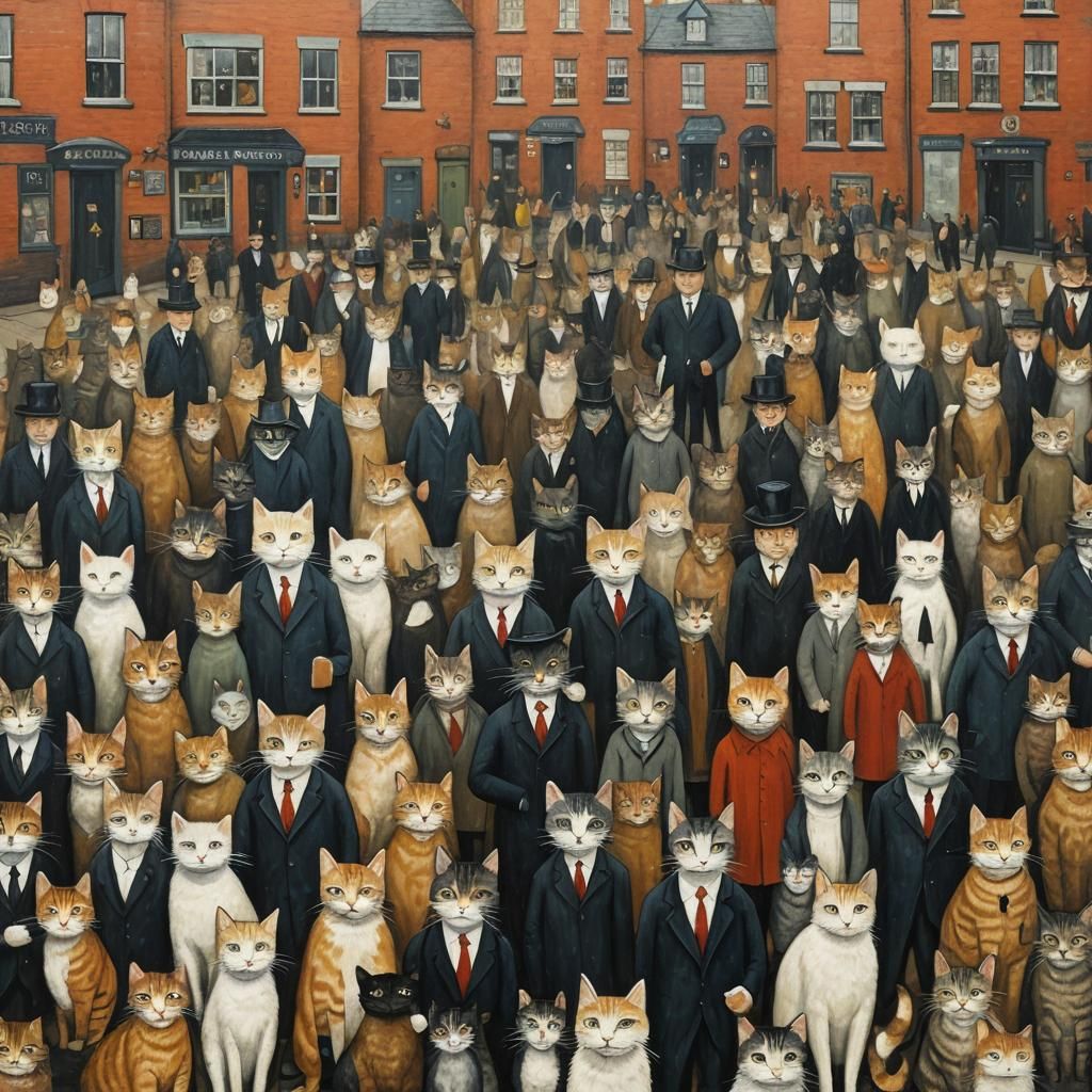 English cats in the style of L. S. Lowry - AI Generated Artwork ...