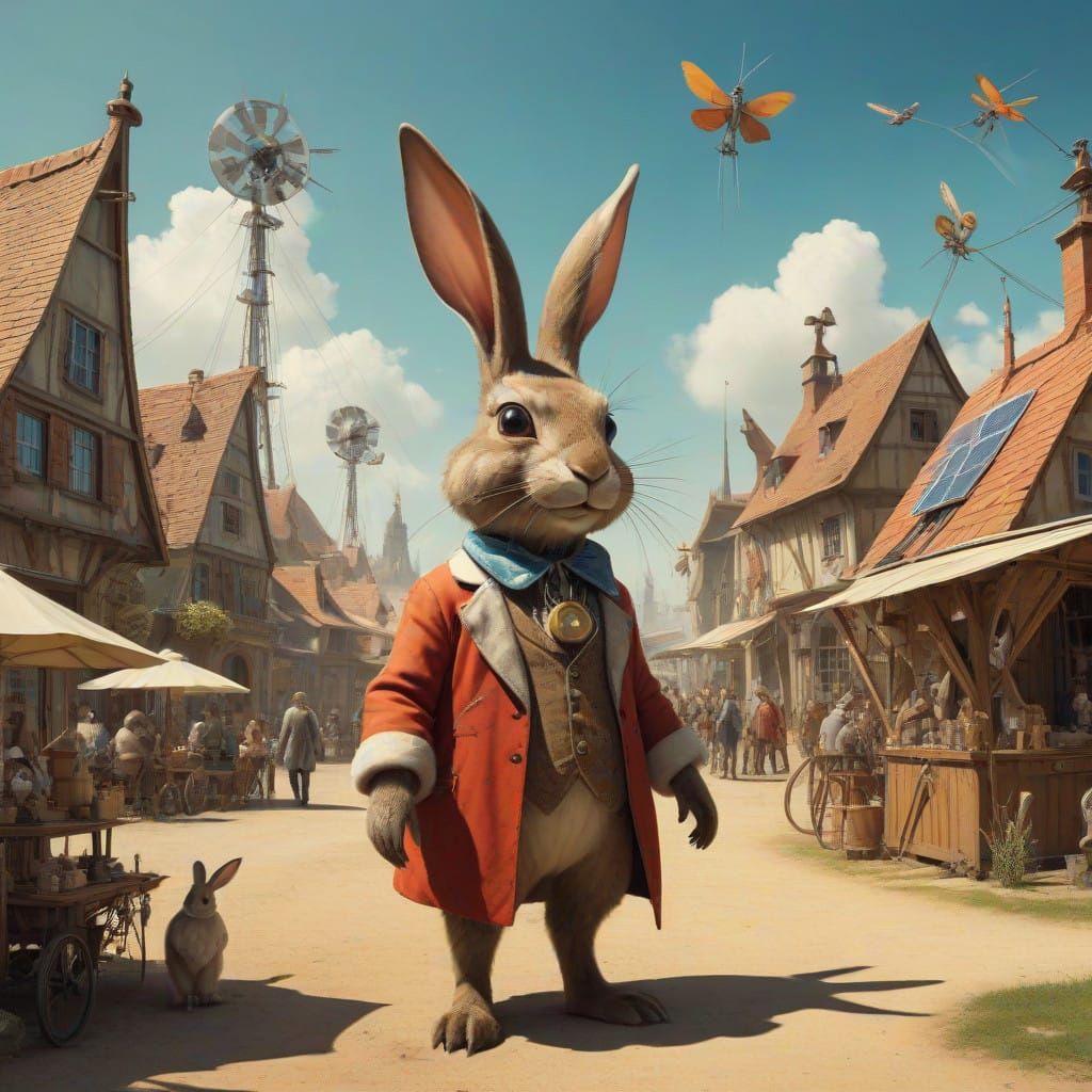 Surreal Solarpunk Village Scene with a Rabbit - AI Art