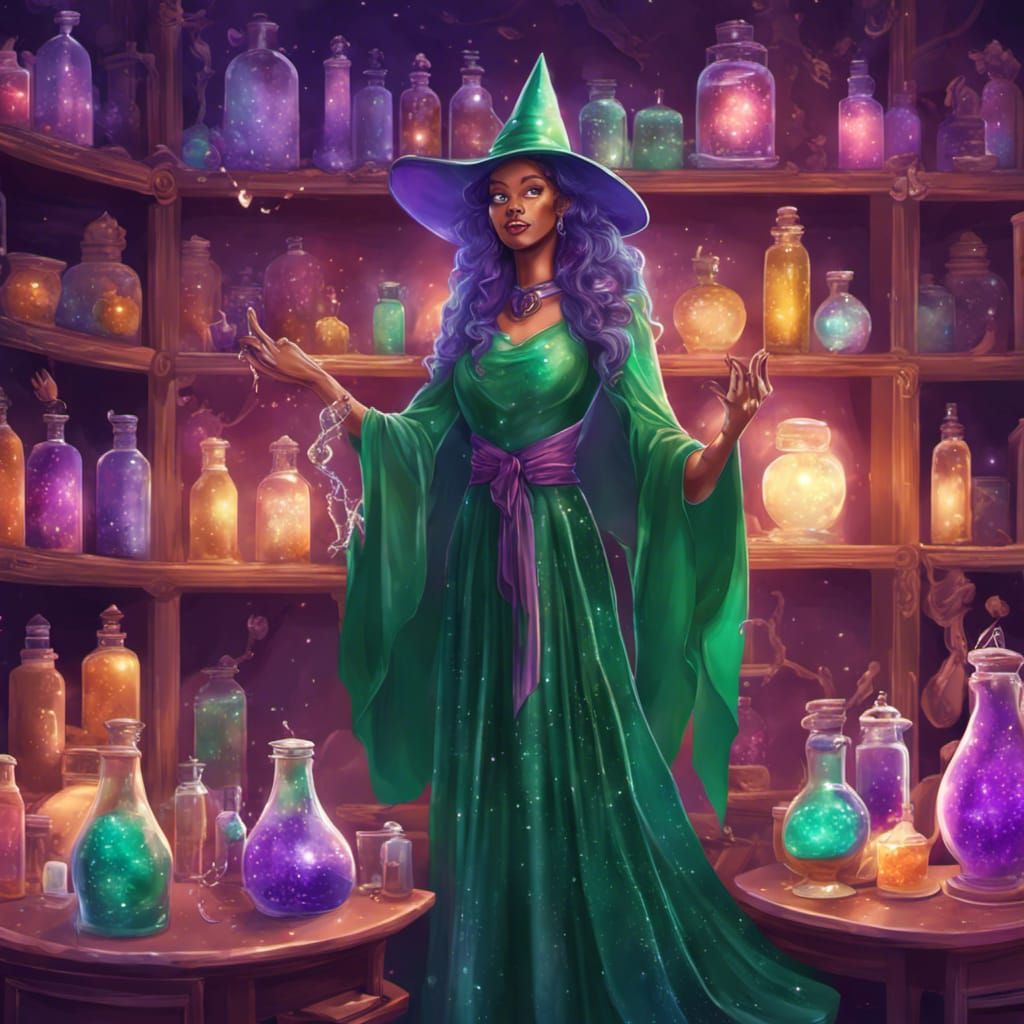Vector art of a magical emerald witch casting a spell in a colorful ...