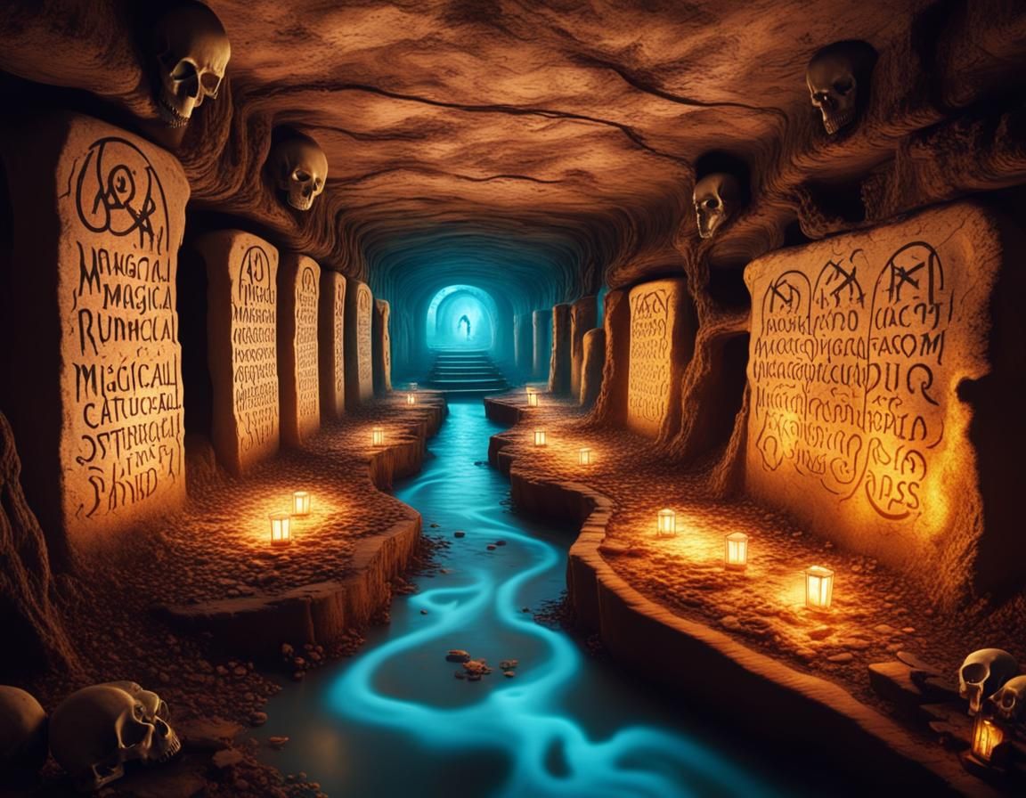 Magical Catacombs underground brightly lit, swirling magical runes ...