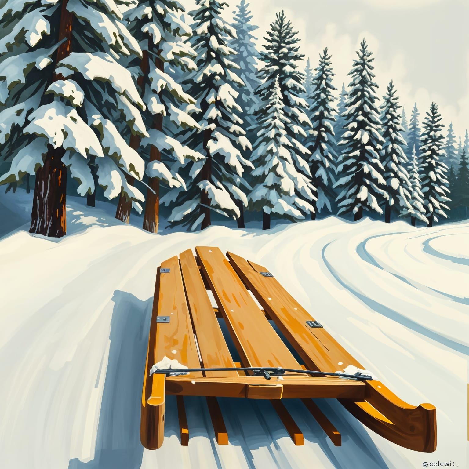 Sled Rushing Down a Snowy Incline in Vibrant Winte... - AI Art