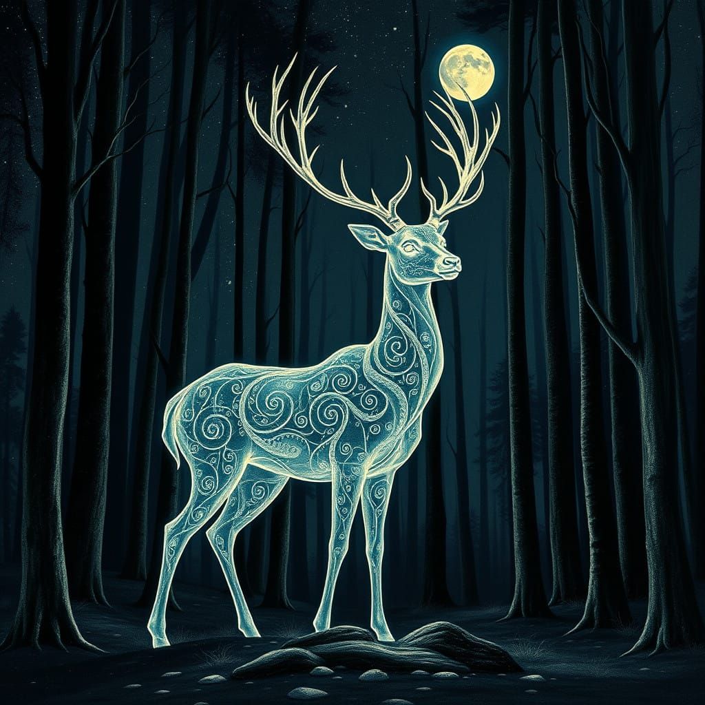 A stag made of fibbonacci curves of light.