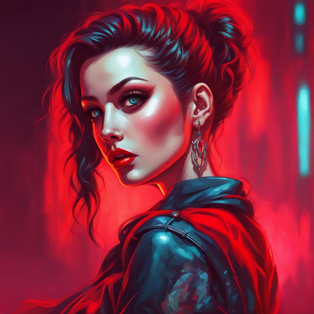 glamourous cyberpunk pin up girl, vibrant eyes, red tshirt - AI ...