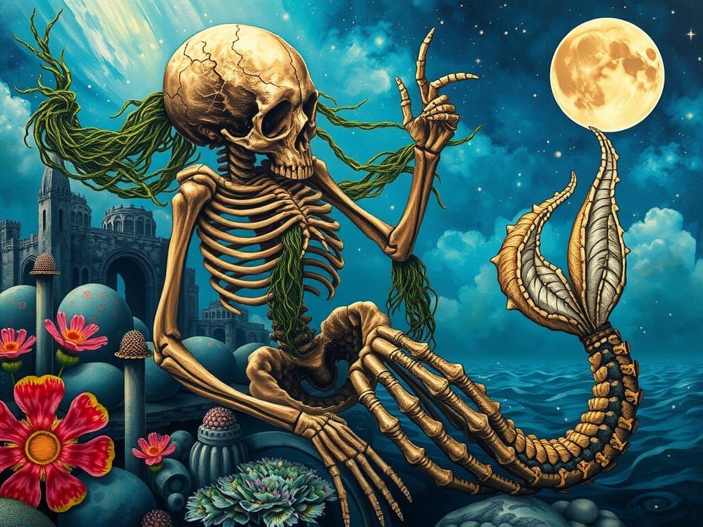 An ancient mermaid skeleton with coral and seaweed growing from it, the ...